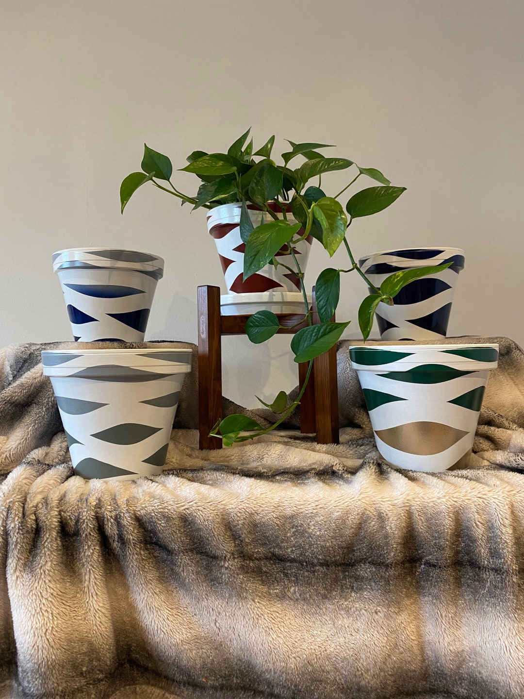 Hand Painted Plant Pots in Double Waves Design - Etsy