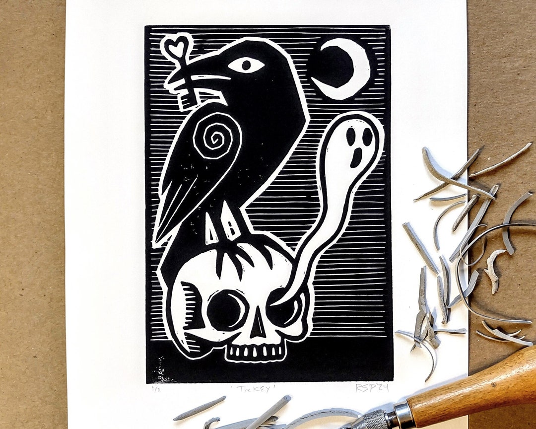 Linocut Art / Spooky Season // Original Handmade Block Print of a Raven ...