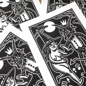 Linocut Art | Moonlight Rendezvous | Witch Devil Moon Dance | Original ...