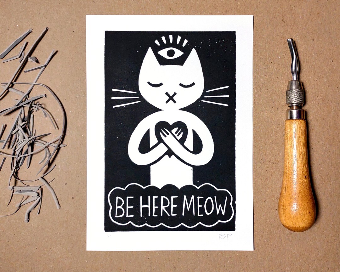 Linocut Print | Be Here Meow | Meditating Cat | Original Handmade Block Print Weird Wall Art - Etsy