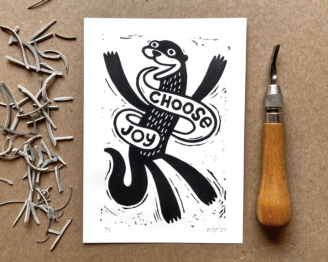 Linocut Art / Choose Joy Otter // Original Handmade Block Print Wall ...