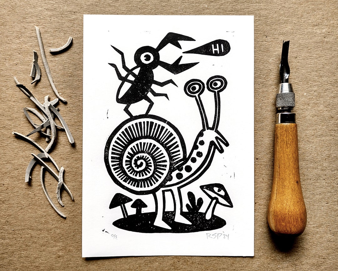 Linocut Print / Snail and Beetle Friends // Original Handmade Block ...