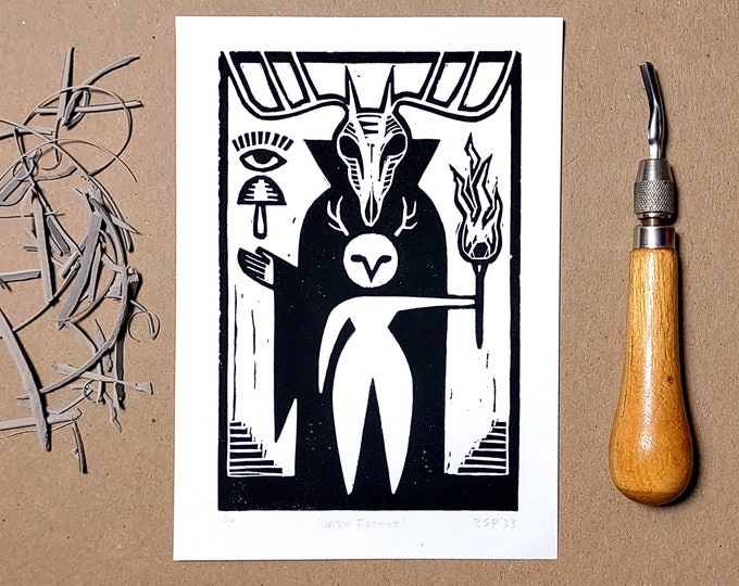 Linocut Print | Witch Father Moon Daughter | Original Handmade Block ...