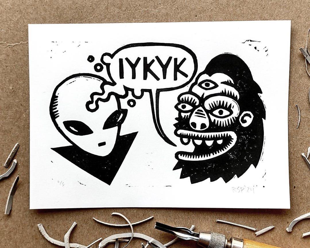 Linocut Print // Alien Bigfoot IYKYK // Original Handmade Block Print ...