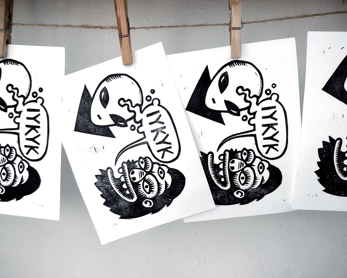 Linocut Print // Alien Bigfoot IYKYK // Original Handmade Block Print ...