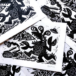 Linocut Print / Giant Monster Love Attack // Original Handmade Block ...