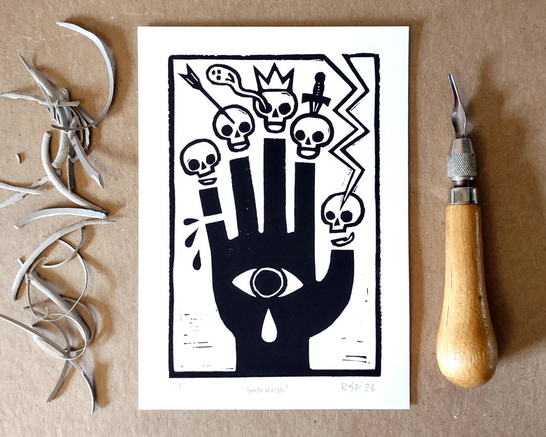 Linocut Print | Bad Hand | Original Handmade Block Print Weird Skulls ...