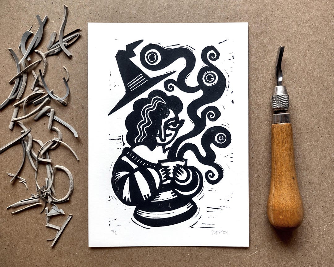 Linocut Art / Witch's Brew // Original Handmade Block Print / Weird ...