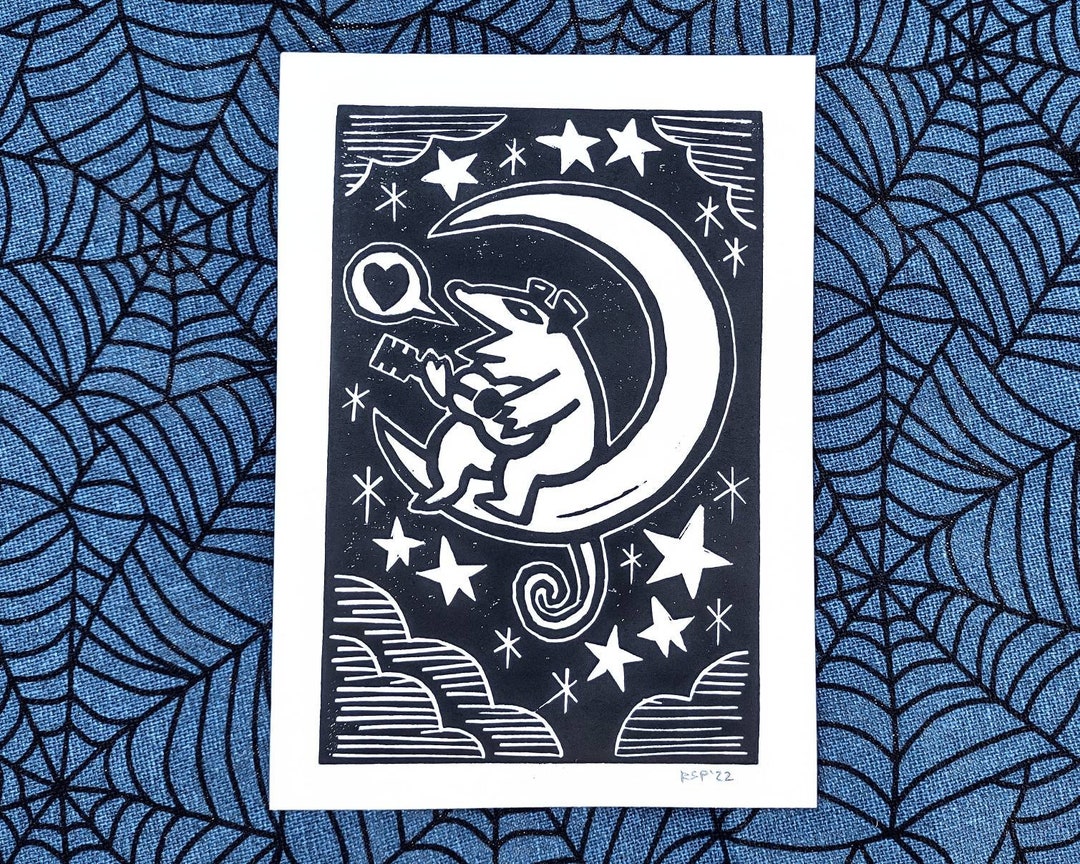 Linocut Print | Possum Moon | Original Handmade Weird Art - Etsy