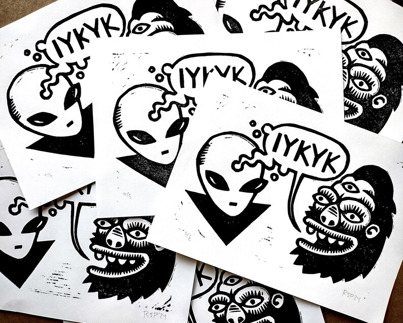 Linocut Print // Alien Bigfoot IYKYK // Original Handmade Block Print ...