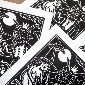Linocut Art | Moonlight Rendezvous | Witch Devil Moon Dance | Original ...