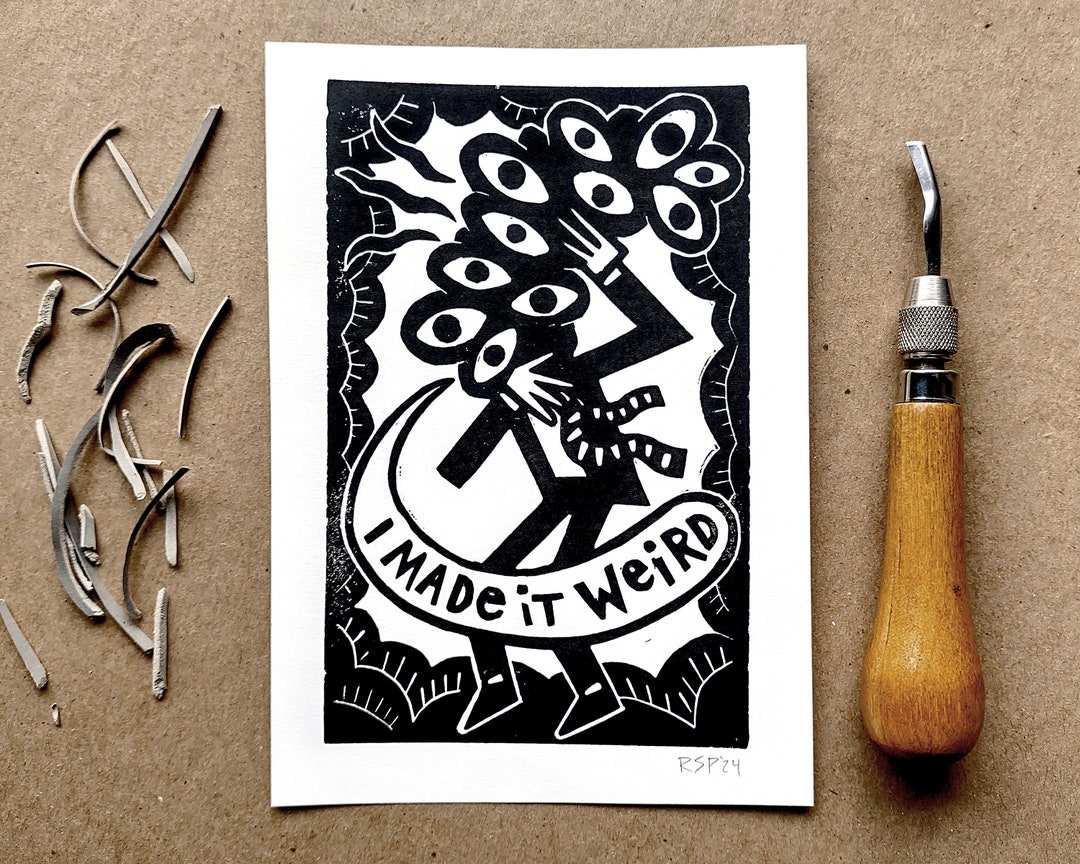 Linocut Print // I Made It Weird Eye Guy // Original Handmade Block ...