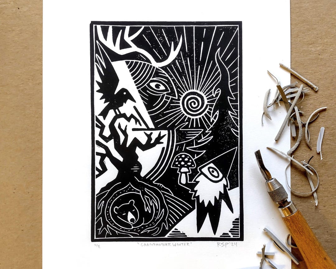 Linocut Art / Grandmother Winter // Original Handmade Block Print ...