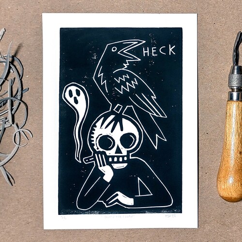 Linocut Print Quoth the Raven Skeleton Ghost Crow Original - Etsy