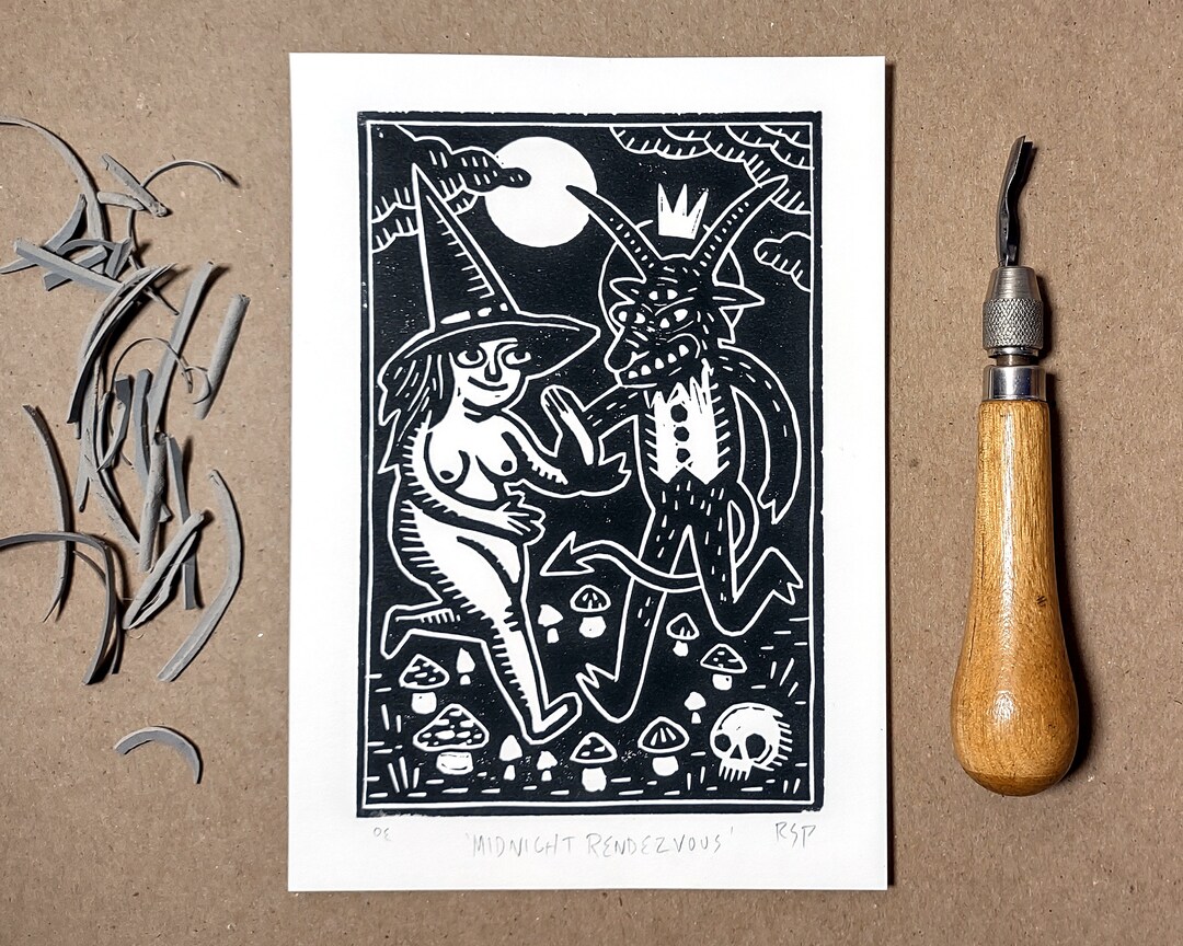Linocut Art | Moonlight Rendezvous | Witch Devil Moon Dance | Original Handmade Linoleum Block ...