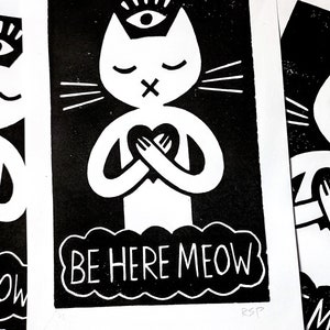 Linocut Print | Be Here Meow | Meditating Cat | Original Handmade Block Print Weird Wall Art - Etsy