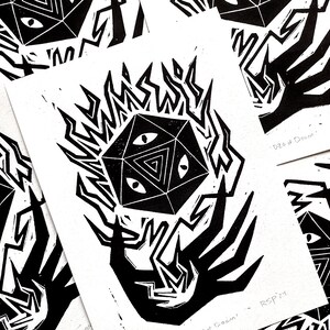 Linocut Print | D20 of Doom | Original Handmade Block Print Weird Wall ...