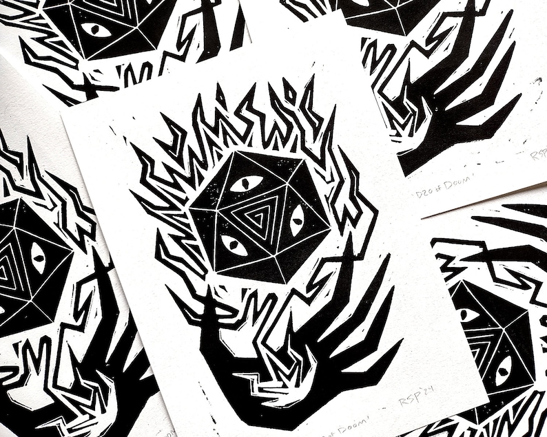 Linocut Print | D20 of Doom | Original Handmade Block Print Weird Wall ...