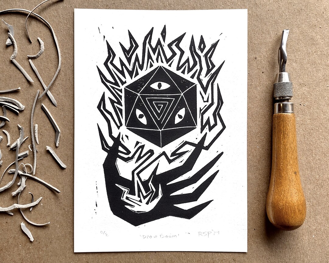 Linocut Print | D20 of Doom | Original Handmade Block Print Weird Wall ...