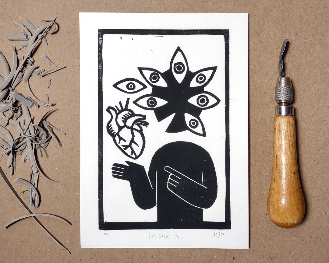 Linocut Print | Eye Heart You | Original Handmade Block Print Weird ...