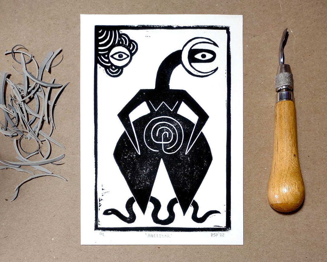 Linocut Print | Ancestor Spirit | Moon Snake Labyrinth Mother Goddess ...