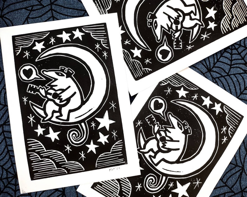 Linocut Print Possum Moon Original Handmade Weird Art - Etsy