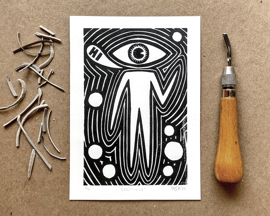 Linocut Print // Friendly Greetings // Original Handmade Block Print ...
