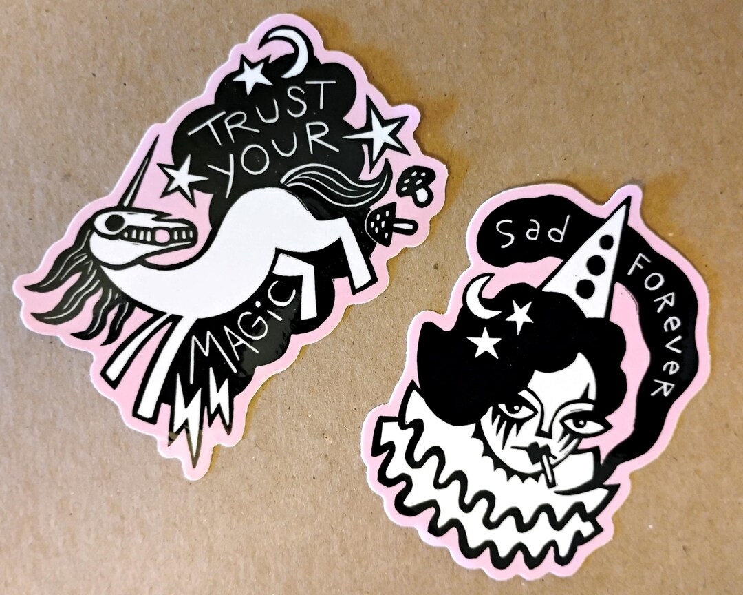 Whimsigoth Art Sticker Set: Sad Clown Girl & Magic Skull Unicorn - Etsy