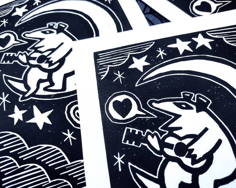 Linocut Print Possum Moon Original Handmade Weird Art - Etsy
