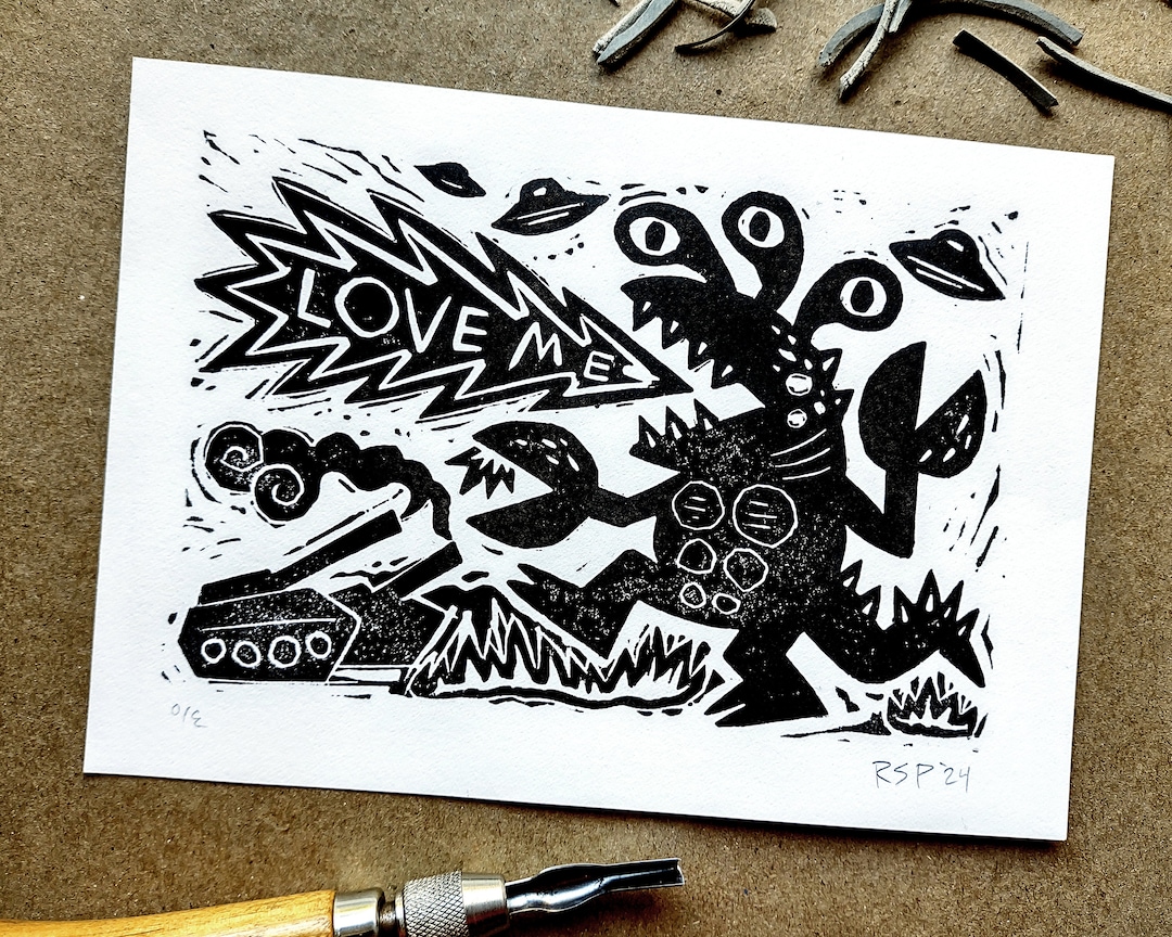 Linocut Print / Giant Monster Love Attack // Original Handmade Block ...