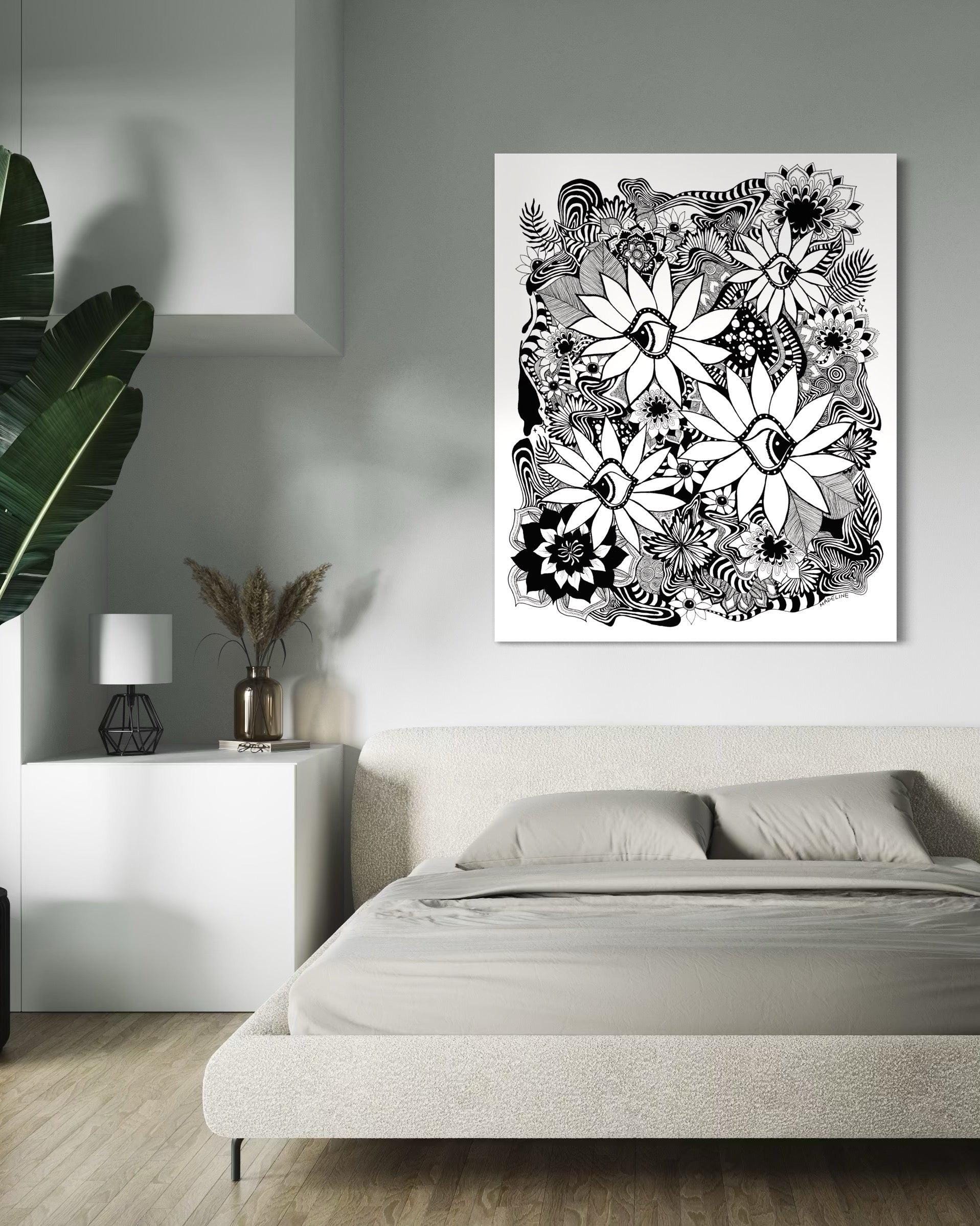 Daisy Dreamscape Canvas Art: Black and White Floral Giclée Print - Etsy