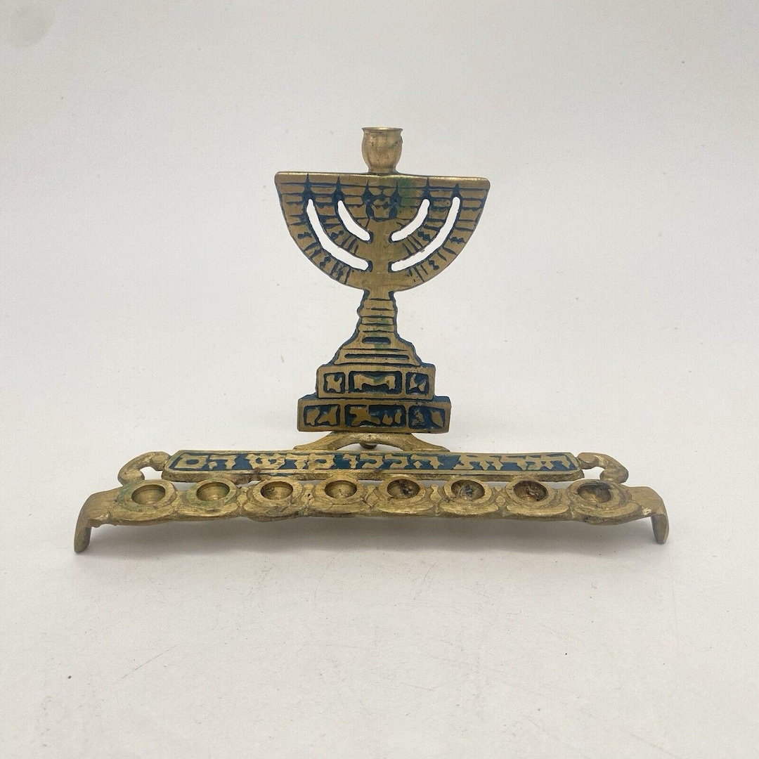 Vintage Hanukkah Menorah Hanukkiah, Brass Made in Israel, Blue Accents ...
