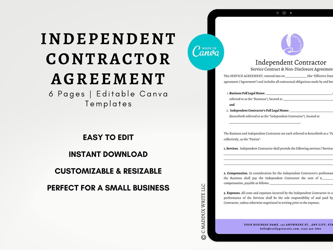 Editable Independent Contractor Agreement Template, Service Contract ...
