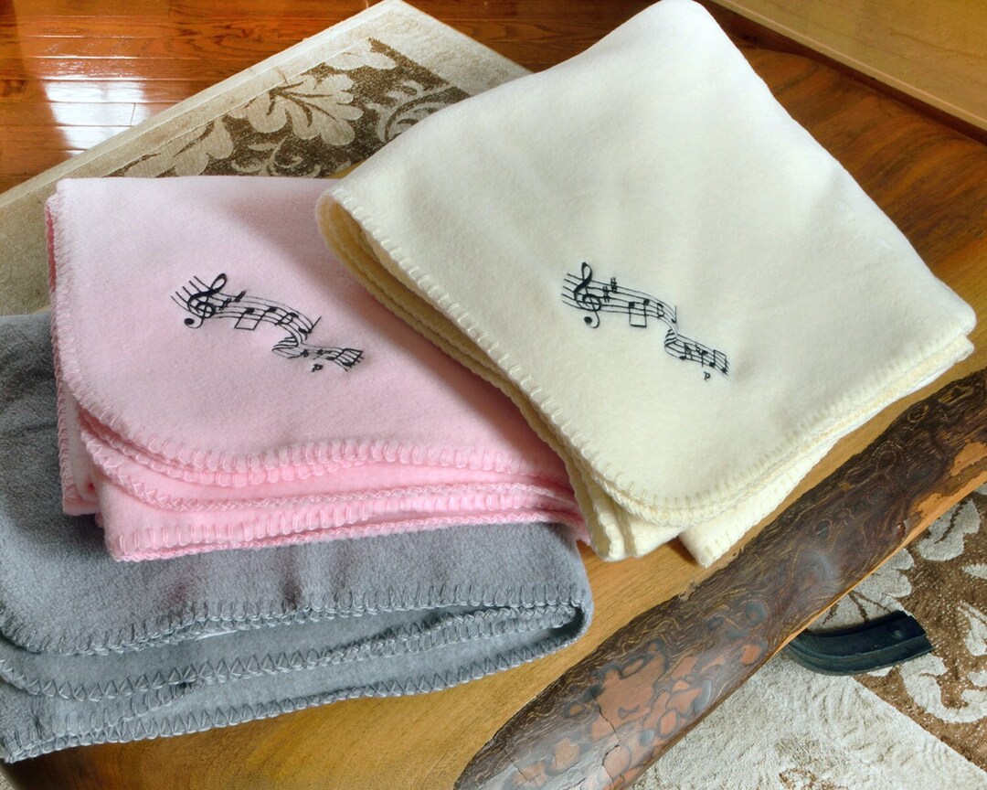 Embroidered Music Notes Fleece Blanket / 50" X 60" / Cream, Pink or ...