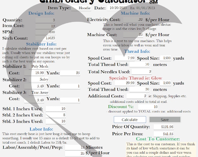 Machine Embroidery Pricing Calculator - Etsy