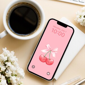 Coquette iPhone Wallpaper, Pink Cherry Bow Home Screen (digital ...