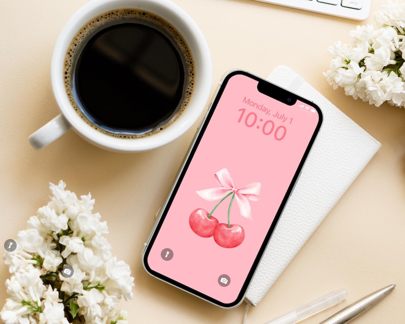 Coquette iPhone Wallpaper, Pink Cherry Bow Home Screen (digital ...