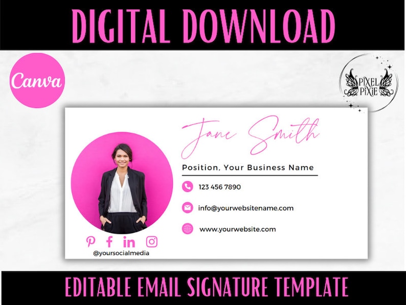 Customizable Email Signature Canva Template: Pink & Black Design for ...