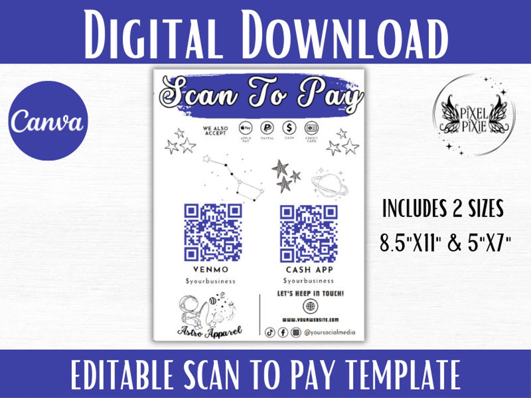 Purple Scan to Pay Sign: Cosmic QR Code Canva Template (digital ...