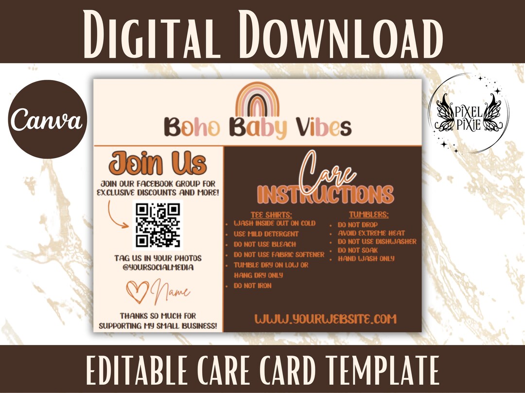 Boho Care Card Template: Customizable Canva Design (digital Download ...