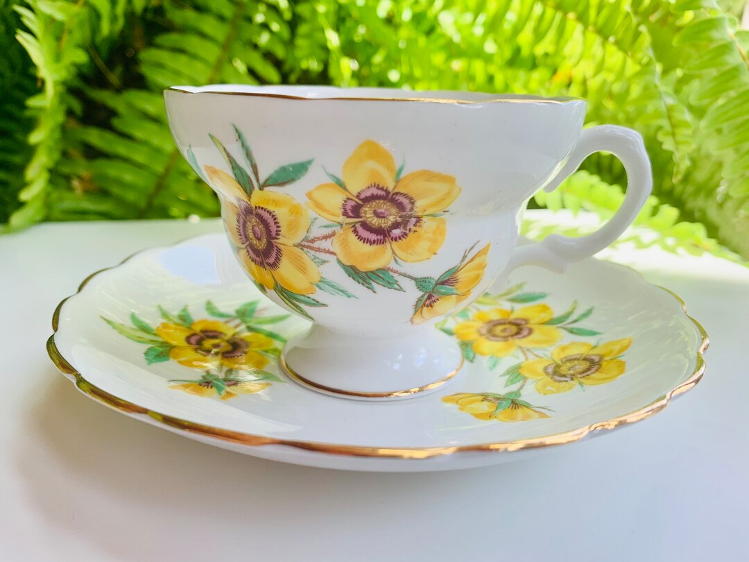Vintage Yellow Floral China Teacup and Saucer Set, Crown Stamp - Etsy