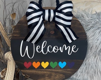 Rainbow Welcome Door Hanger 14 Sign for Front Door Pride Month Sign ...