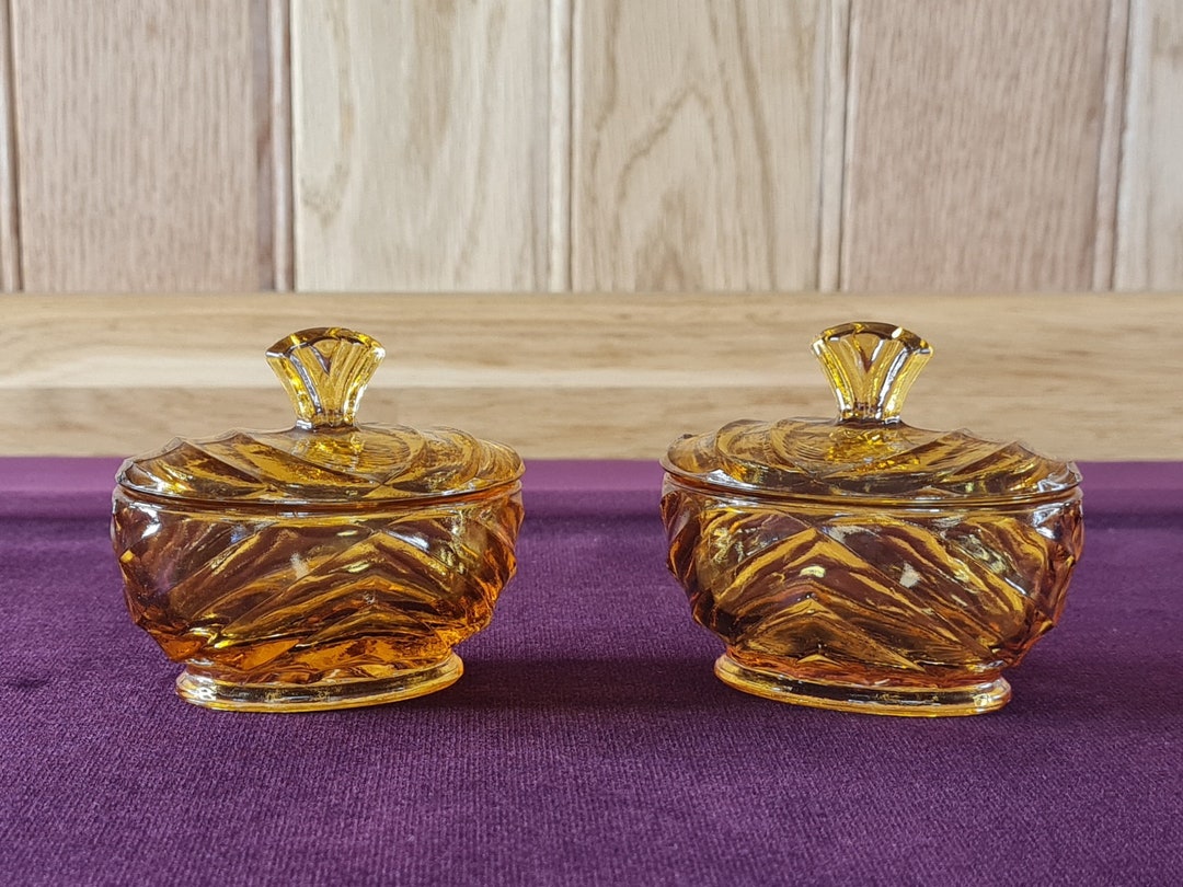 Pair Amber Glass Trinket Pots, Art Deco Style Oval Lidded Pots. - Etsy UK