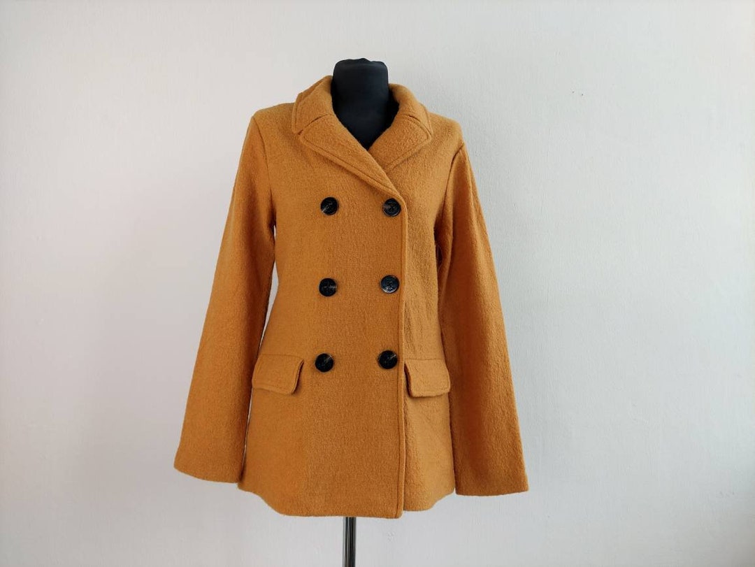 Mustard Pure Wool Coat, S / 10 / 36 Wool Overcoat, Yellow Vintage Coat ...