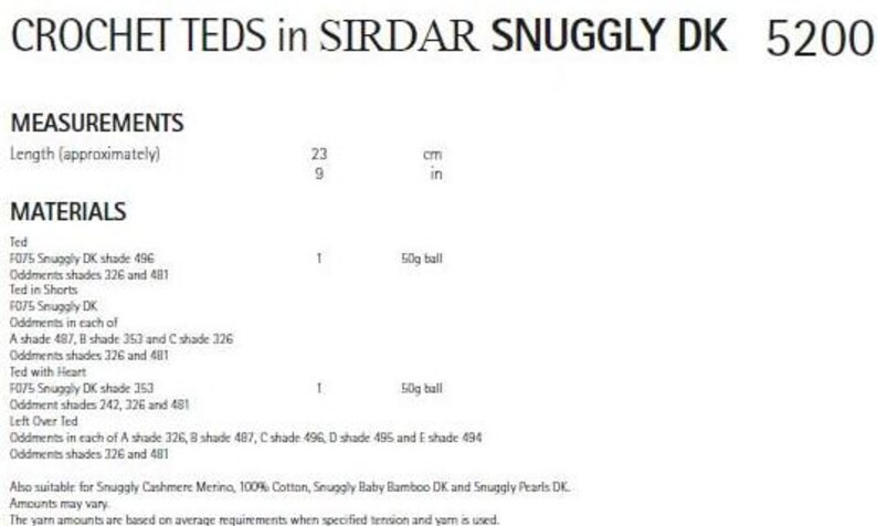 Sirdar 5200 Crochet Pattern: Teddy Bear Toys, DK, Length 25cm - Etsy