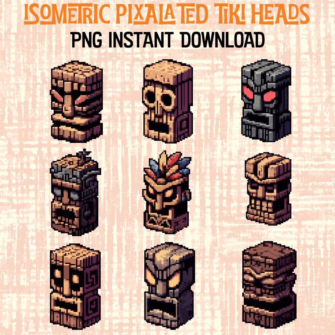 Isometric TIKI HEADS - Pixelated PNG Art, Instant Downlaod, Graphics ...