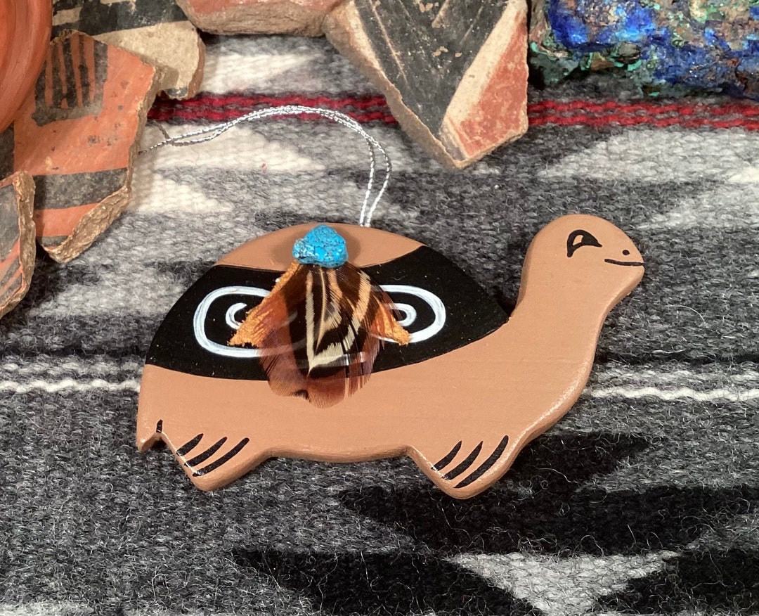 Native American Handpainted Wood Turtle Ornament With Turquoise and ...