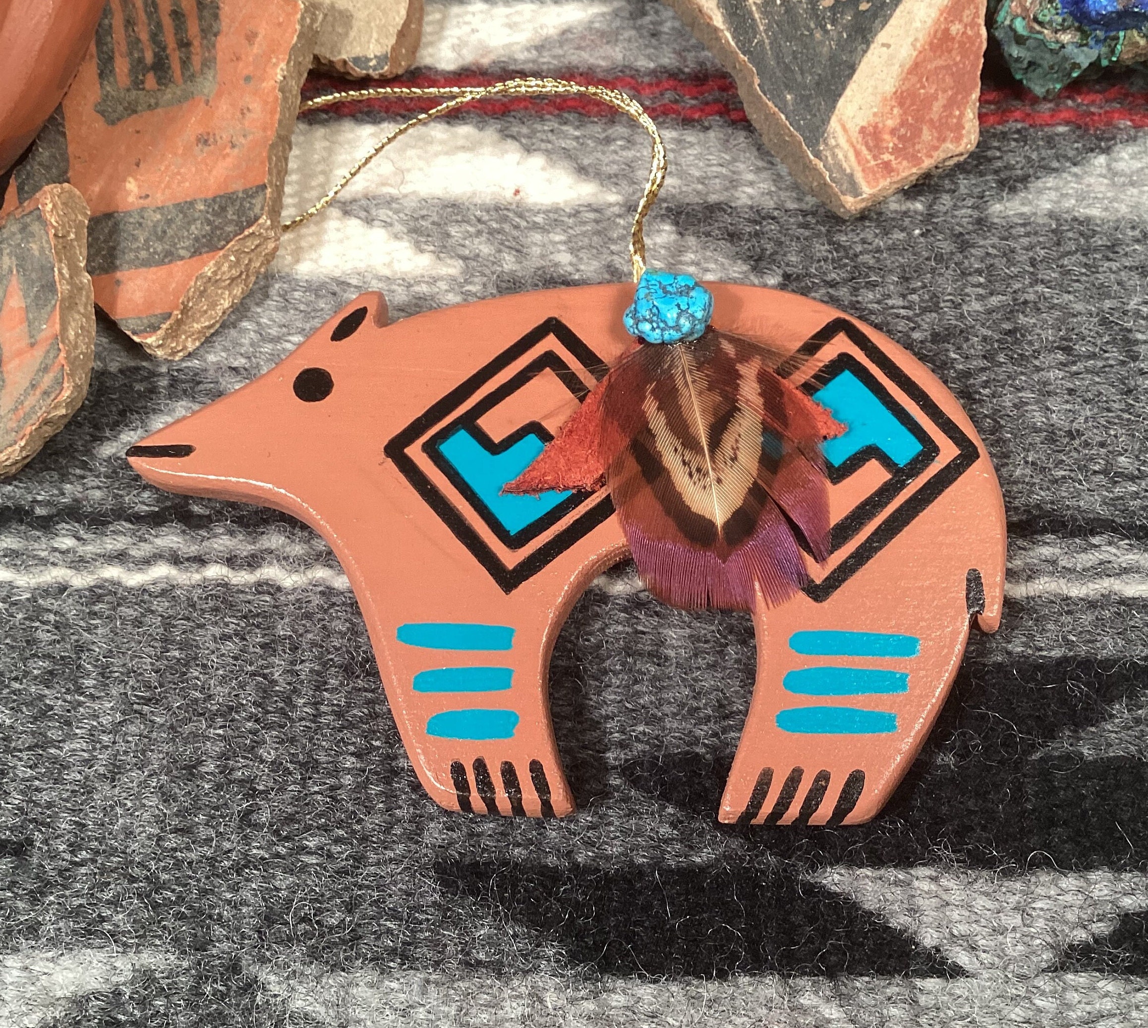 Native American Handpainted Wood Bear Ornament With Turquoise and ...