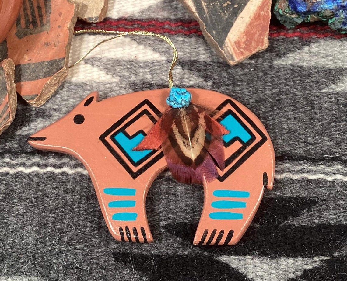 Native American Handpainted Wood Bear Ornament With Turquoise and ...
