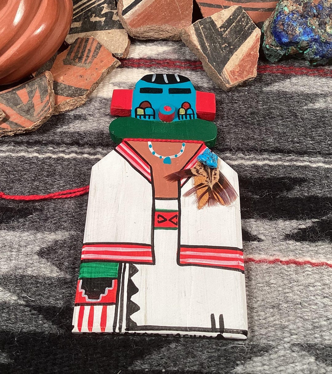 Hopi Handmade Rain Kachina Wood Ornament With Turquoise and Feather - Etsy